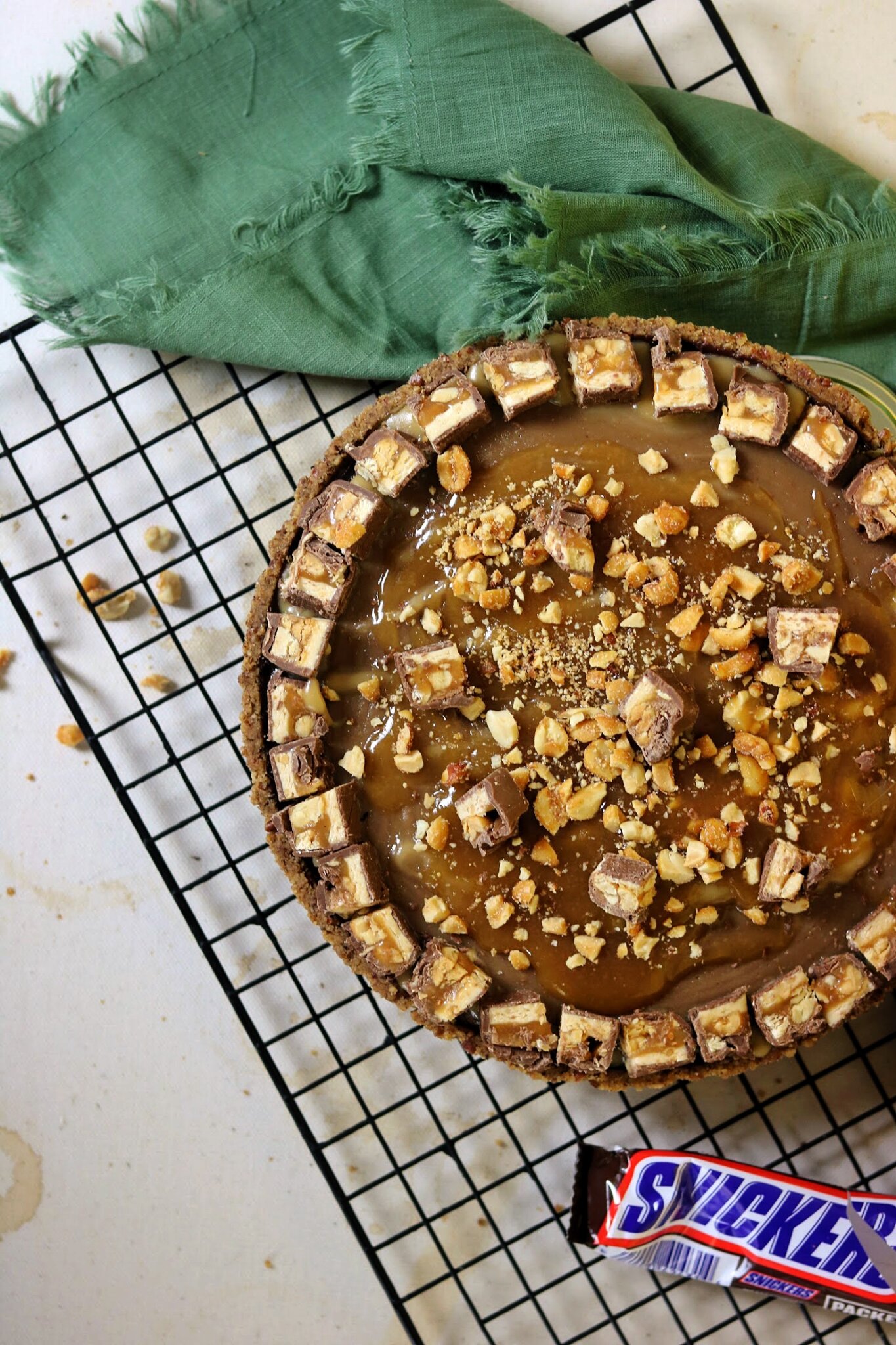 Snickers Pie with Nut Crust - The Familiar Kitchen